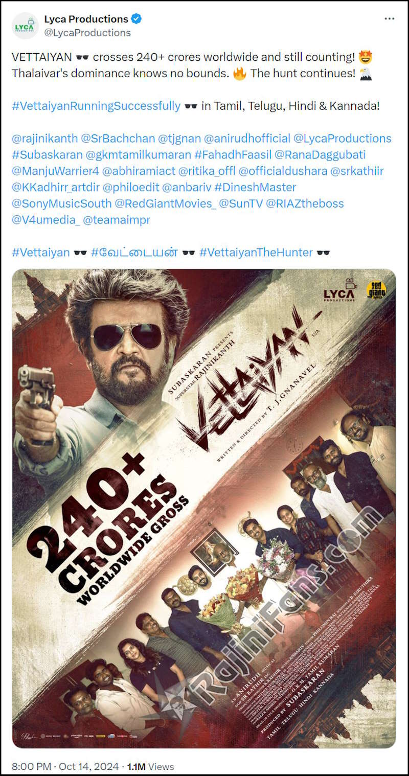 Vettaiyan Movie Box Office Collection Reports - Rajinifans.com